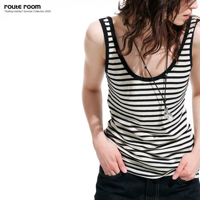 routeroom棉麻条纹U领背心