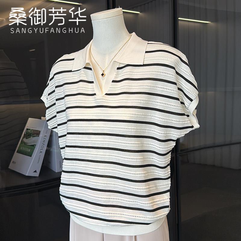 时尚妈妈夏装条纹小衫冰丝上衣新款中老年女装短袖T恤母亲节衣服
