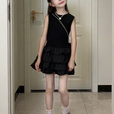 2026新款秋季现代风小黑裙女童优雅公主裙百搭连衣裙120-170cm