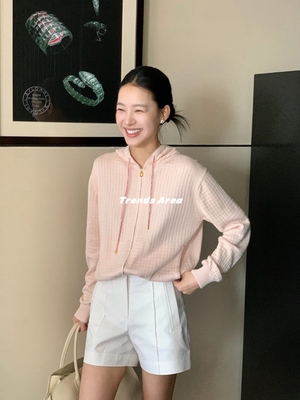 Trends Area 定制LP少女芍药粉丝棉重磅网球编织格纹休闲拉链帽衫