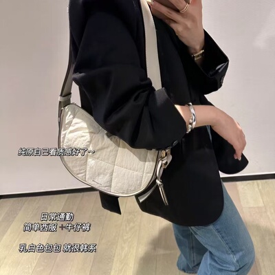 韩国小众月牙包帆布牛皮饺子包