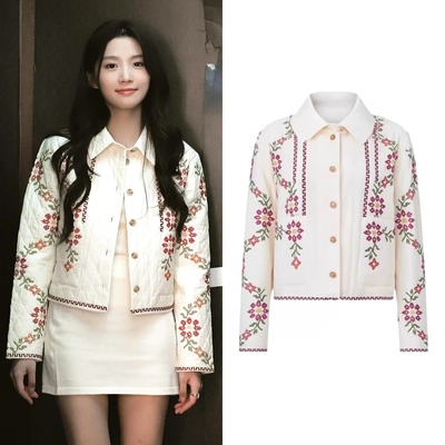 白色刺绣棉衣棉服翻领短外套夹克