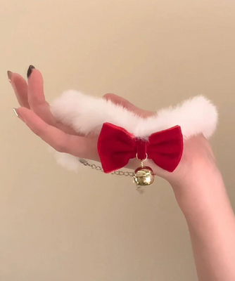 毛绒项圈圣诞choker项链锁骨链酒红色小铃铛蝴蝶结圣诞节拍摄配饰