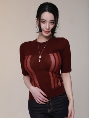 短袖孙智惠透明针织修身女上衣