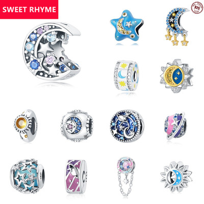 原创925纯银 星星月亮串珠 DIY手链饰品珠子配件跨境挂件吊坠女