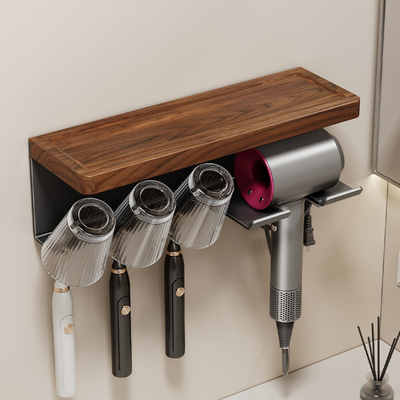 cmeo胡桃木牙刷架置物架免打孔卫生间壁挂牙杯漱口杯浴室吹风机架