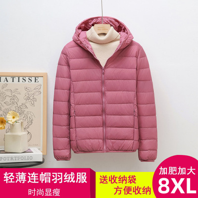 羽绒服女2026轻薄连帽短款韩版特大码加肥加大白鸭绒保暖外套dknm