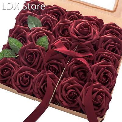 Artificial Flowers 25Pcs Real Looking Burgundy Fake Roses wi