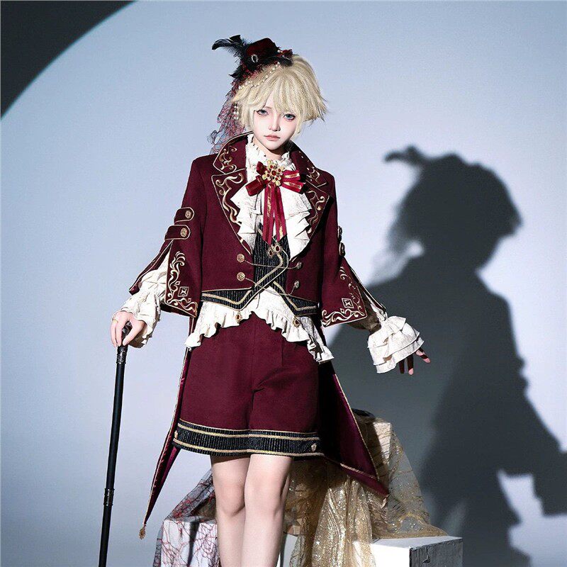 酒红王子装洛丽塔 复古酒红刺绣外套短裤套装 正太少年感Lolita