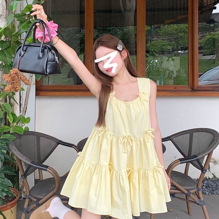 甜美森系温柔风蝴蝶结无袖方领连衣裙女宽松显瘦A字裙超仙初恋裙