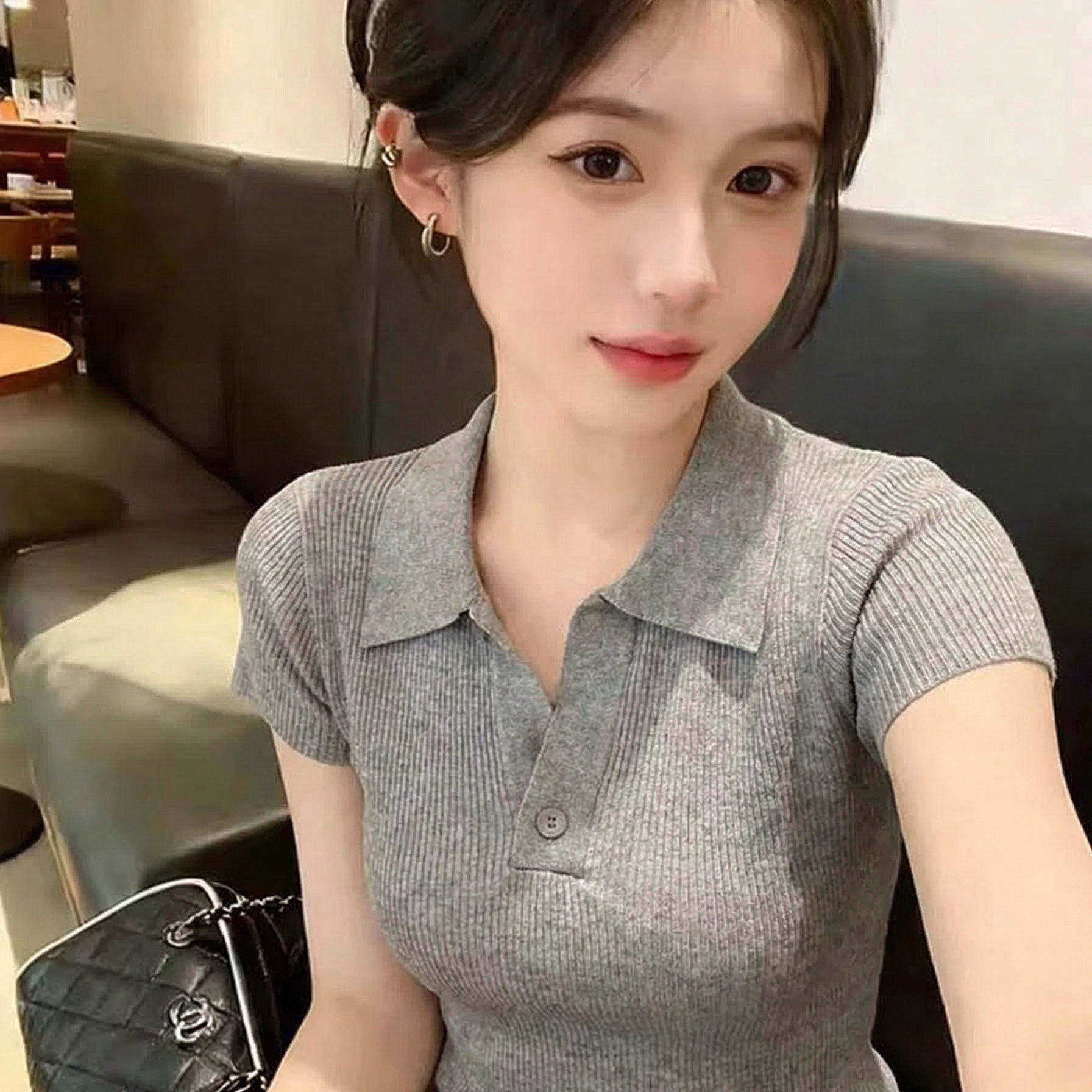 polo领针织衫高级感灰色短袖T恤女2026新款夏季修身百搭翻领上衣