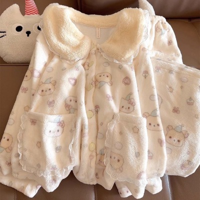 直播爆款翻领睡衣女长袖冬天法兰绒加厚保暖家居服女甜美两件套