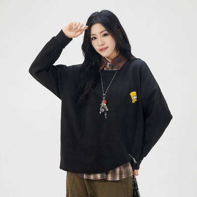 辛普森一家 美式重磅麂皮绒多巴胺圆领套头长袖宽松圆领卫衣