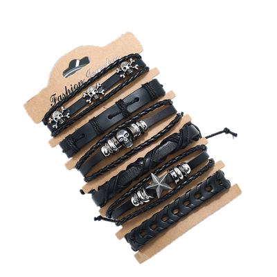 手链男潮皮编织绳嘻哈摇滚个性骷髅皮质手饰品6件套men bracelet