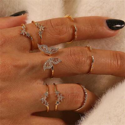 Bohemian joint rings rhinestones butterfly Knuckle Rings Set