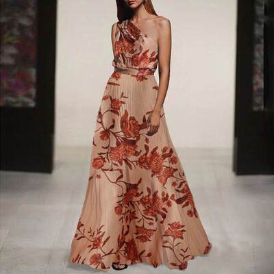 One shoulder printed dress拼接印花连衣裙时尚性感斜肩大摆女