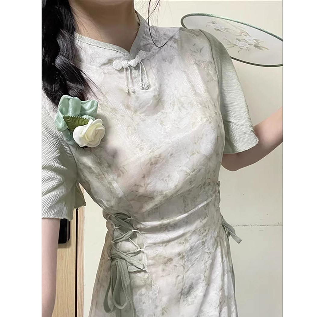 日常国风洋装夏日绝美小裙子插肩袖收腰长裙子新中式旗袍女学生