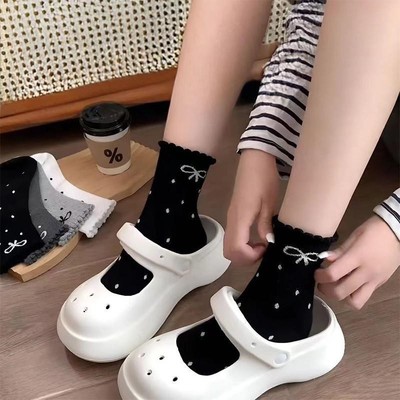 春秋新款波点花边蝴蝶结堆堆袜学生ins潮长筒袜日系网红中筒女袜