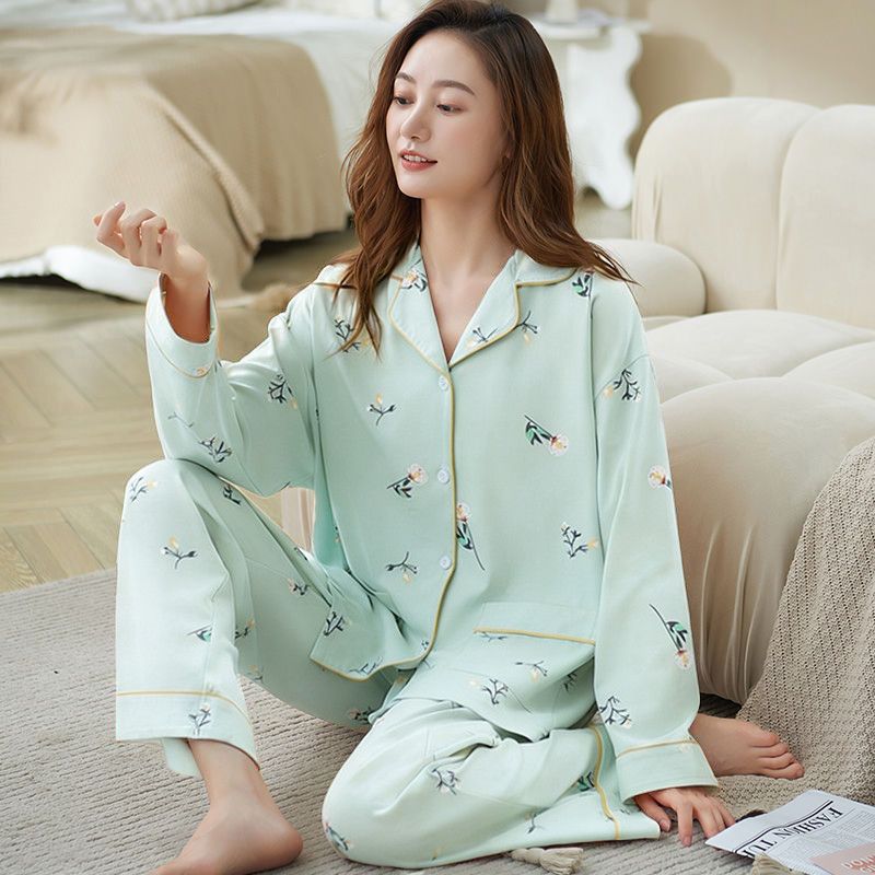 睡衣女士春秋翻领长袖长裤薄款宽松大码可外穿家居服中年妈妈套装