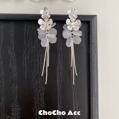 chocho/银色花朵贝壳海边度假风流苏长款耳环方圆脸超仙耳钉耳饰