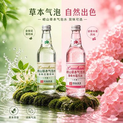 崂山气泡水接骨木莓金银花薄荷瓶装无糖饮料整箱批特价夏季喝饮品