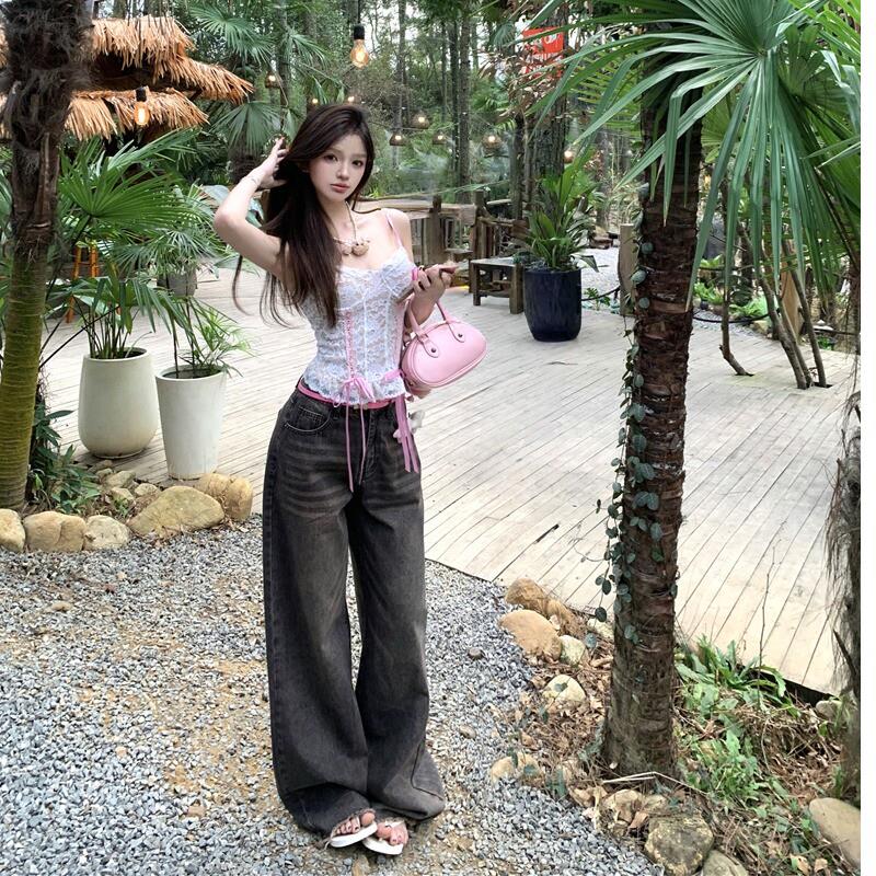 芭蕾少女风绑带蕾丝花边吊带上衣女高腰百搭水洗牛仔裤夏季套装