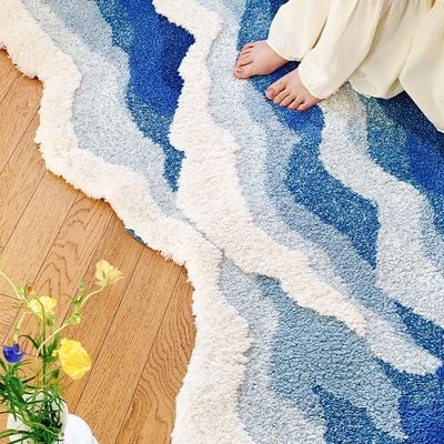 蓝色海浪卧室床边地毯加厚房间装饰布置出租屋网红沙发长条地垫棉