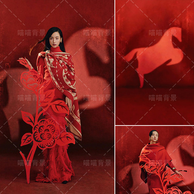 马年喜庆少女写真拍照背景布纸飞花系列人像摄影拍摄道具商业杂志2026年新款红色款中式传统美学室内MH-3270