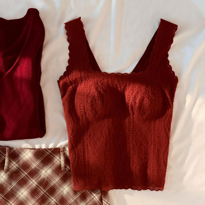 法式蕾丝方领磨毛吊带内衣带胸垫