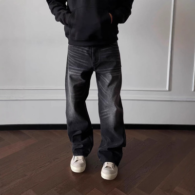 美式16盎司反围剿黑牛王全赛洛纺三本针重工水洗猫须蜂窝牛仔裤