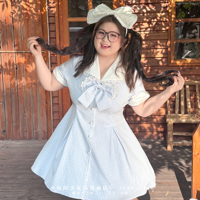 春田少女圆居崽子蓝调月光蝴蝶结收腰显瘦夏秋蓝白大码连衣裙