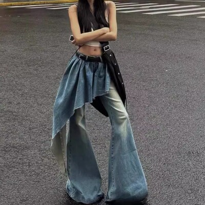 牛仔裤女cleanfit风微喇长裤子