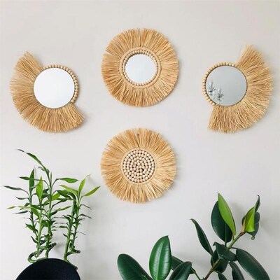 Round  Hanging Mirror Straw Moroccan Straw Wood Beads