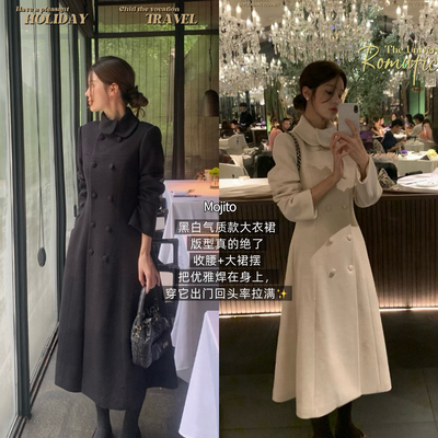 米米设计奥黛丽韩系翻领黑色小香风毛呢大衣冬装外套大衣11411