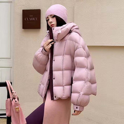 米米宽松白鸭绒撞色豆腐块保暖羽绒服外套167