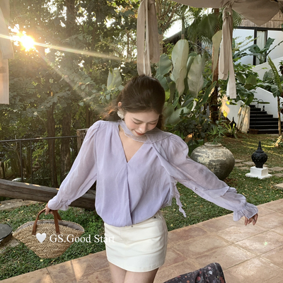 米米质温柔薄纱v领显瘦通勤小衫(配可拆卸飘带)D0029E