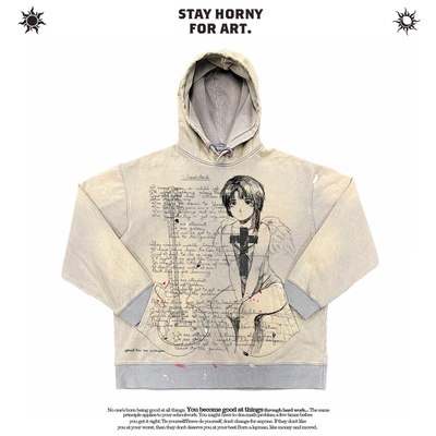 MELANIN 黑色素刺青 亚比风动漫吉他少女复古做旧二次元连帽卫衣