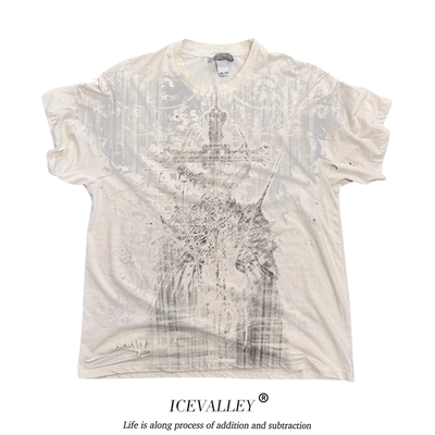 MELANIN 黑色素刺青 白色水洗破洞短袖T恤梦核沉睡骑士个性亚文化