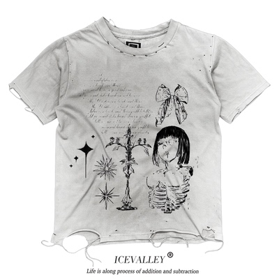 MELANIN 黑色素刺青  纯欲系涩谷阿美咔叽甜心插画破洞短袖T恤