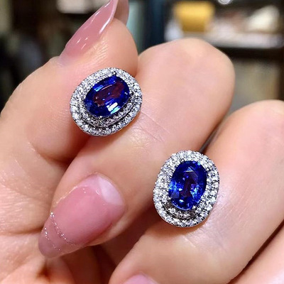 French Retro Women's Earrings Sapphire Blue Oval Earrings
