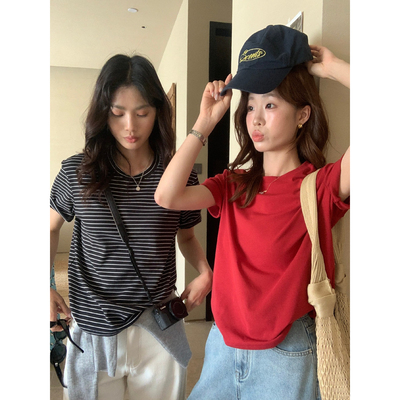 柠檬绿茶-时髦糖果色简约正肩百搭短袖T恤10107