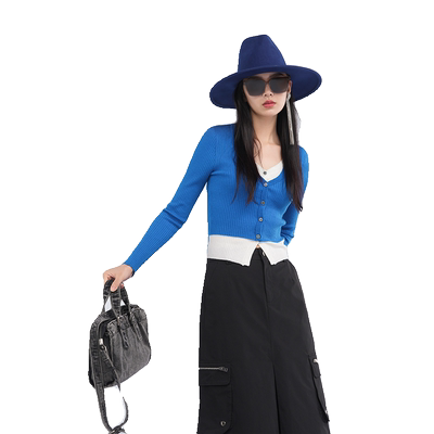 UX 新款宝蓝色V领修身假两件针织衫长袖上衣