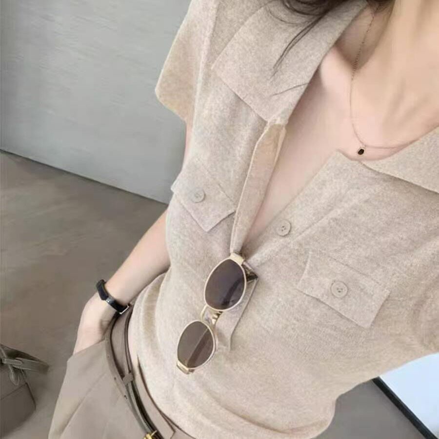老钱风polo领正肩短袖T恤女夏季高级感修身短款针织衫翻领上衣薄