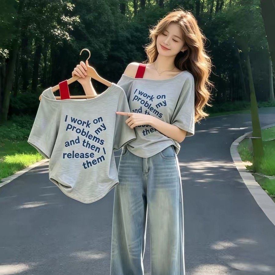 美式休闲宽松灰拼红假两件斜肩短袖t恤女2026新款夏季设计感上衣