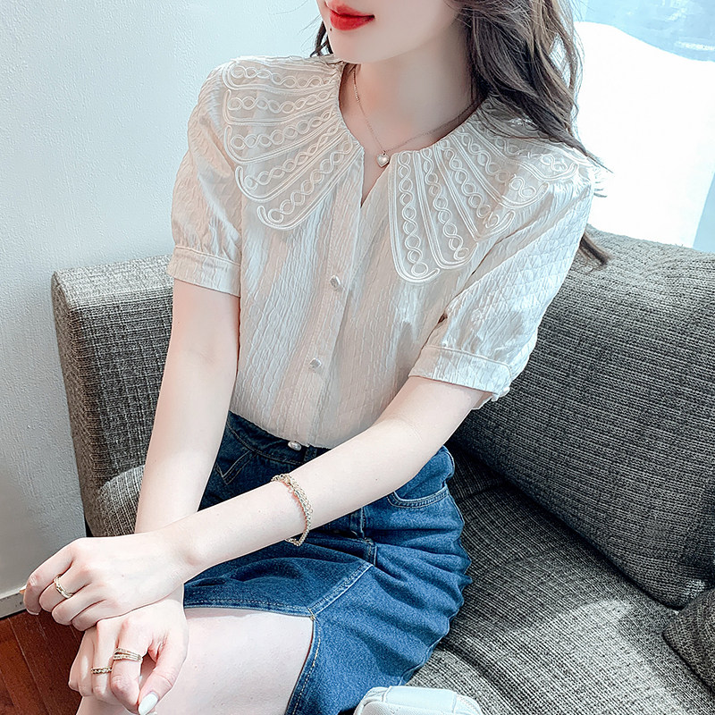 娃娃领短袖衬衫女2023夏设计感小个子小众法式复古上衣碎花雪纺衫