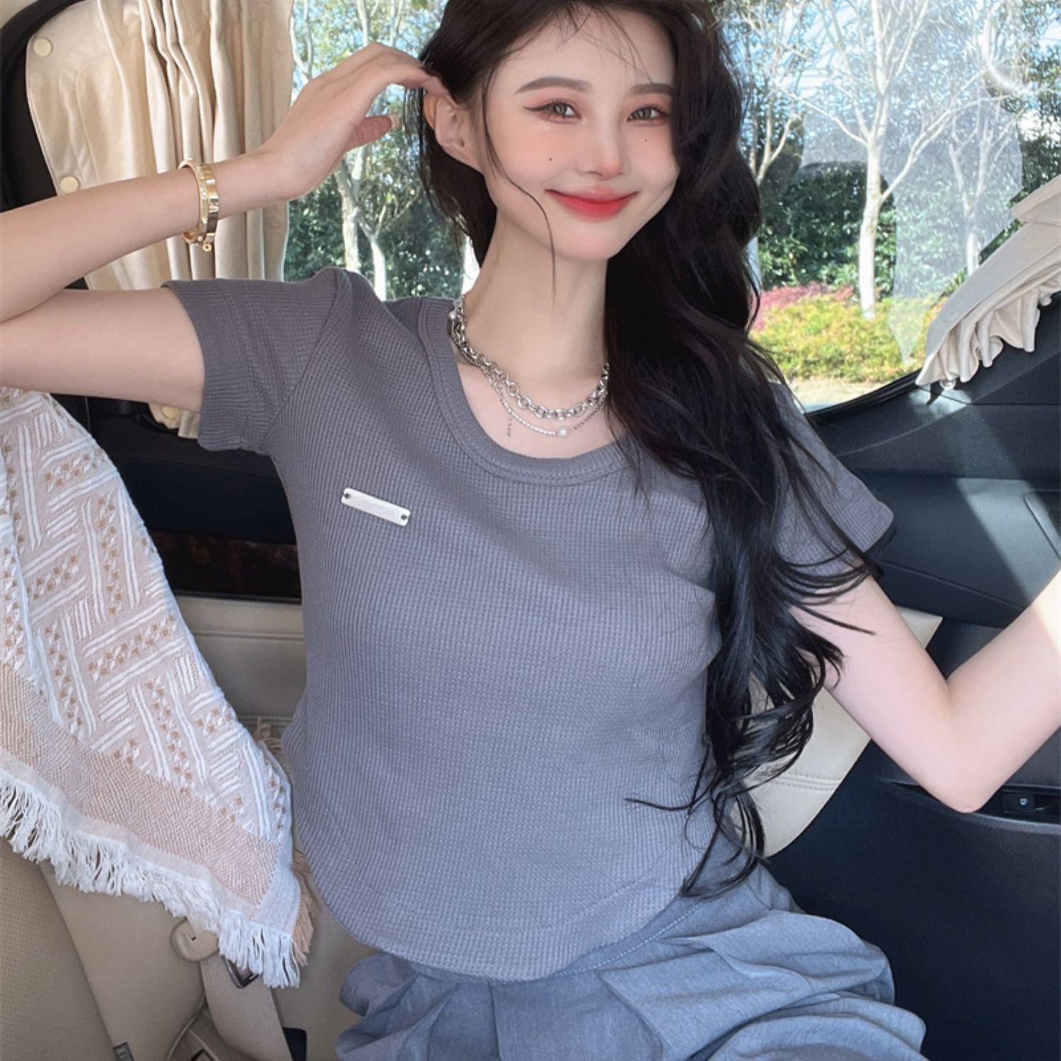 小众美式辣妹不规则短袖t恤女新夏季设计感正肩体恤修身短款上衣