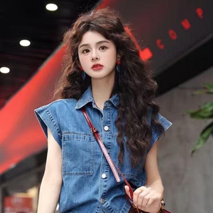 陈佳洁夏日海盐复古牛仔衬衫女款外穿设计感休闲上衣