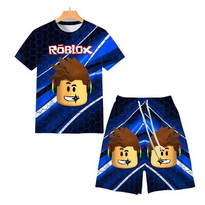 Roblox游戏角色火焰图案潮流套装T恤短裤青少年游戏爱好者