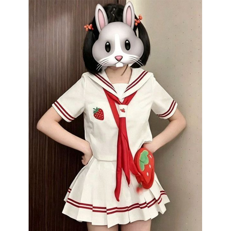 原创JK制服草莓刺绣二本短袖水手服日系学院风收腰白红百褶裙套装