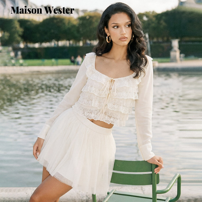Maison Wester2026早秋新品米白蕾丝荷叶边U领短款长袖雪纺衫上衣